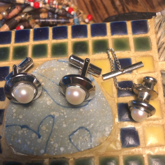 Accessories | 2 Pearl Cuff Links And Tie Clasp | Poshmark